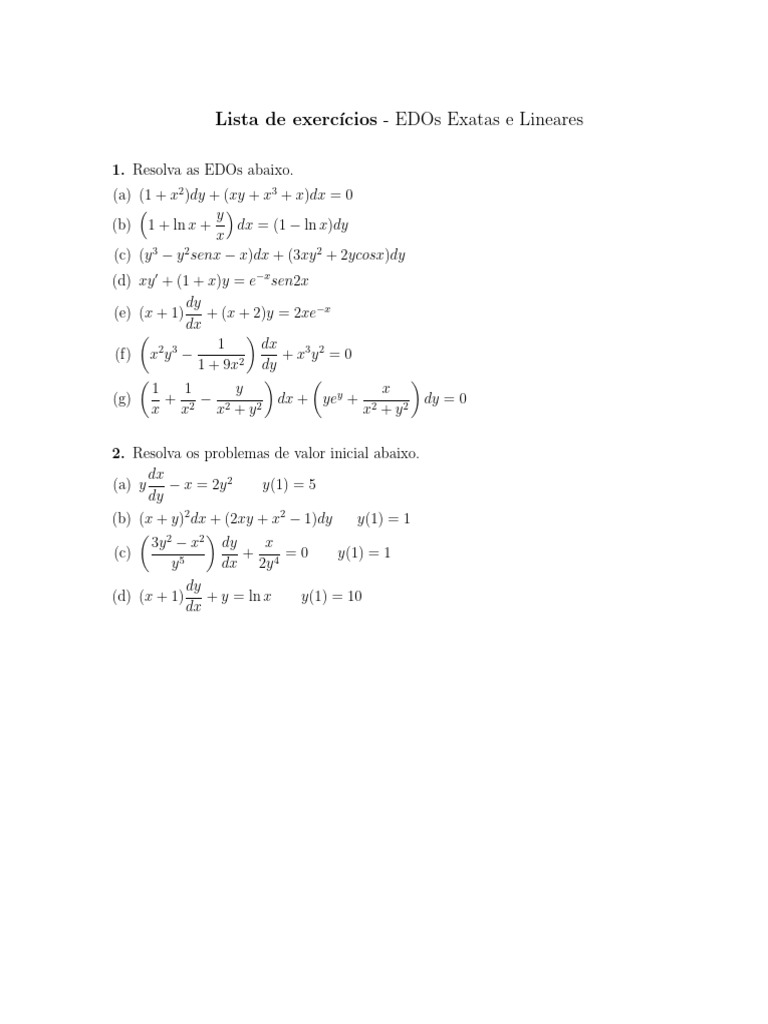 Exercícios - EDO Exatas e Lineares | PDF