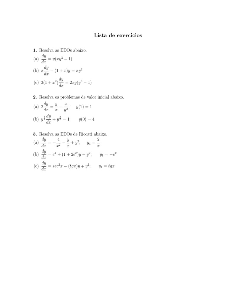 Exercícios - EDO - Bernoulli, Ricatti | PDF