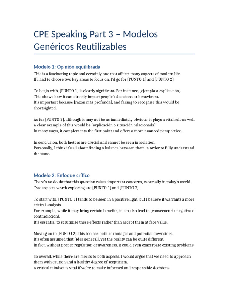 CPE Speaking Modelos Reutilizables | PDF | Behavioural Sciences ...