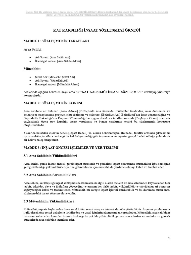 Kat Karsiligi Insaat Sozlesmesi Ornegi | PDF