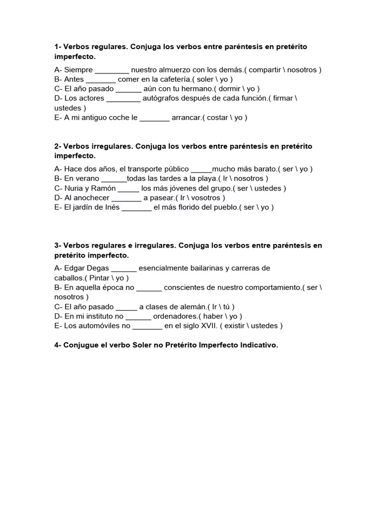 Atividade Pretérito Imperfecto Indicativo | PDF