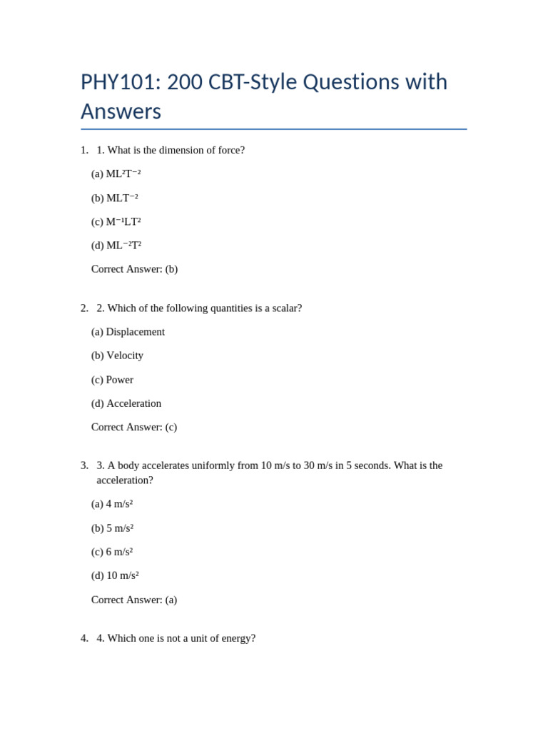 PHY101 CBT 200 Real Questions With Answers | PDF | Force | Acceleration