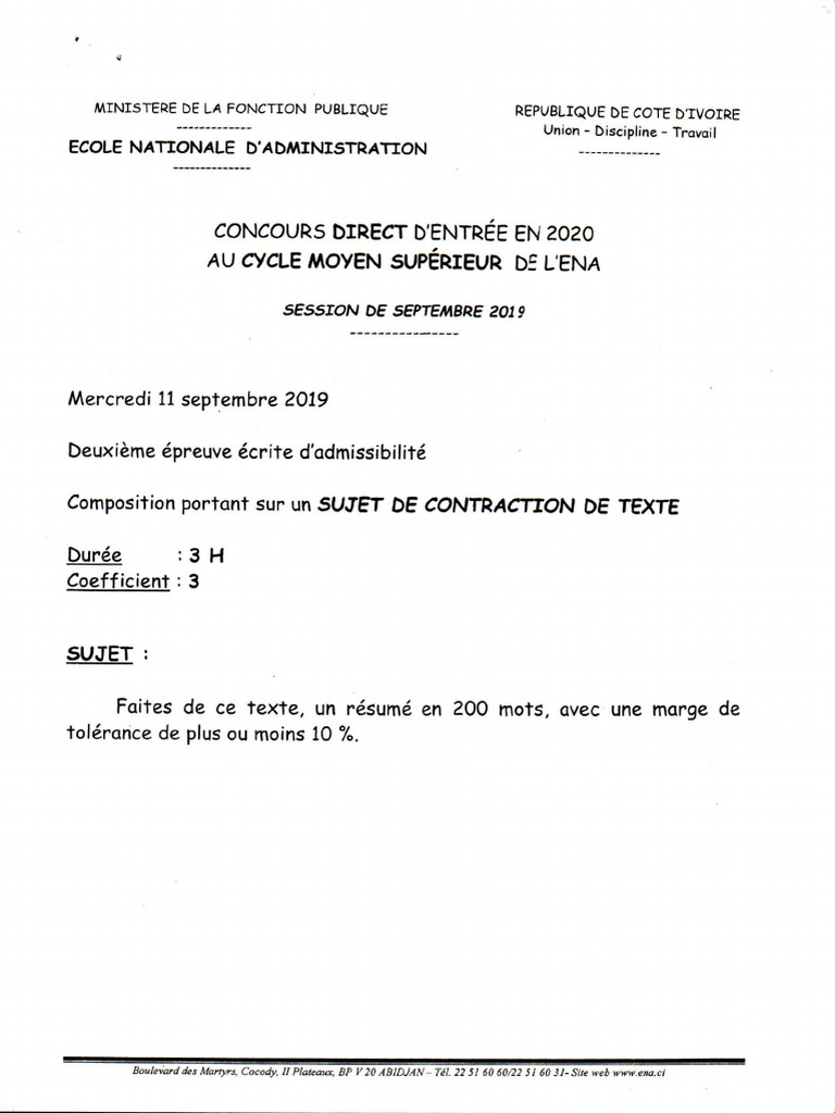 Sujet de Contraction de Texte Ena Cms Direct Session 2019 HD | PDF