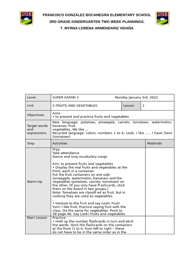 Class Plan SECOND GRADE Preschool | PDF | Vegetables