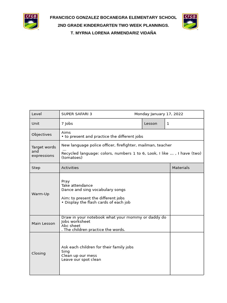Class Plan SECOND GRADE Preschool | PDF