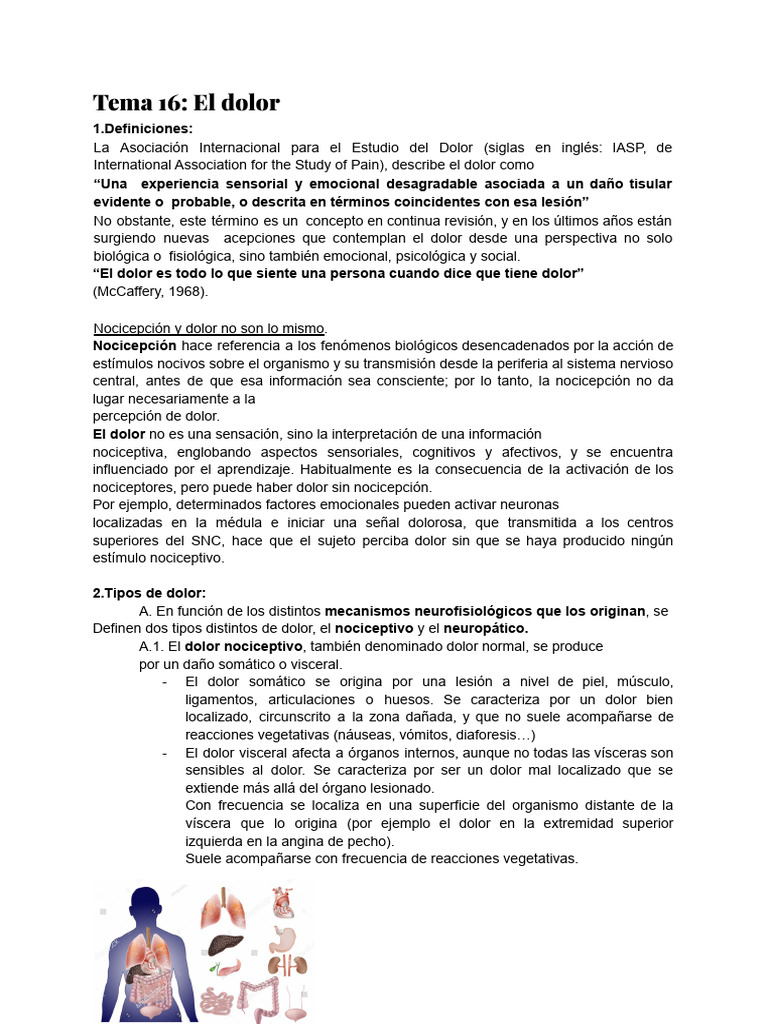 Neurofisiologia Tema 16 | PDF | Dolor | Fisiología