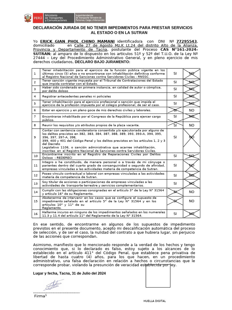 Declaración Jurada de No Tener Impedimentos para Prestar Servicios Al ...