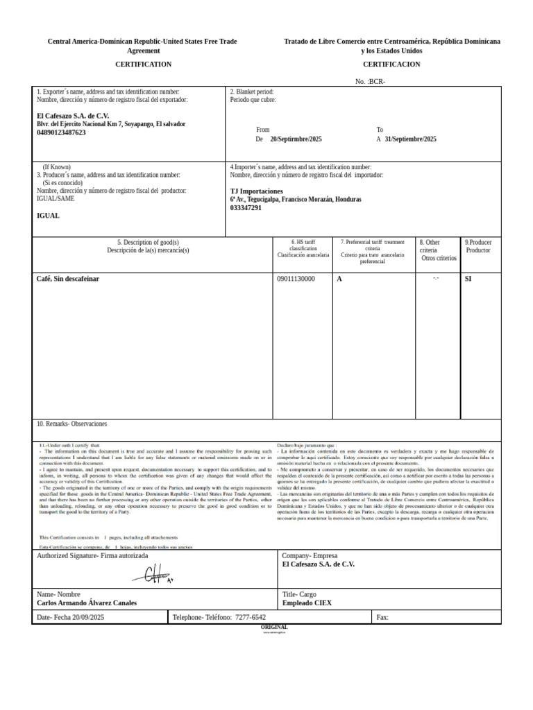 Cafta - Certificado Caso1 - F | PDF | El comercio internacional | Comercio