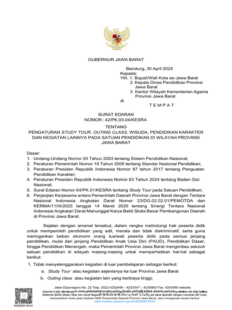 Surat Edaran Gubernur Pengaturan Studi Tour Dan Pendidikan Karakter 020525 | PDF