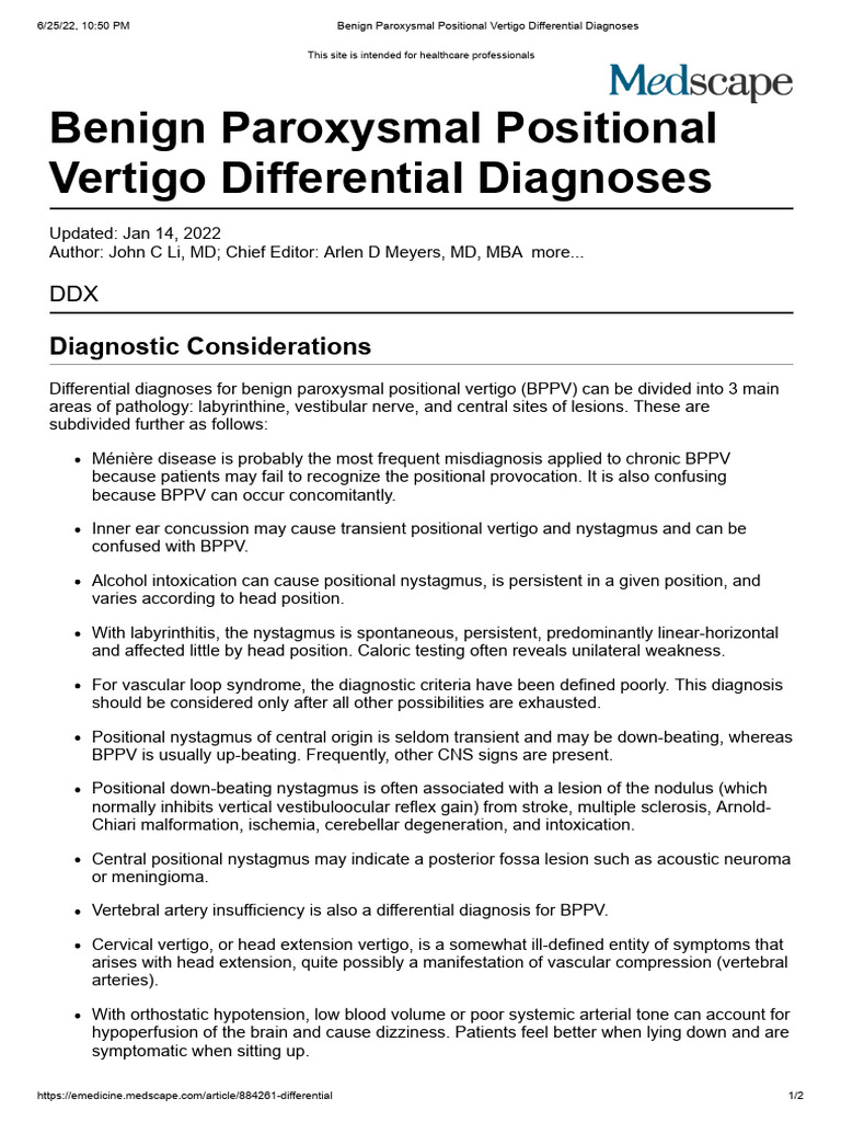 Benign Paroxysmal Positional Vertigo Differential Diagnoses | PDF ...
