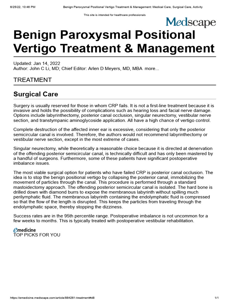 Benign Paroxysmal Positional Vertigo Treatment & Management - Medical ...
