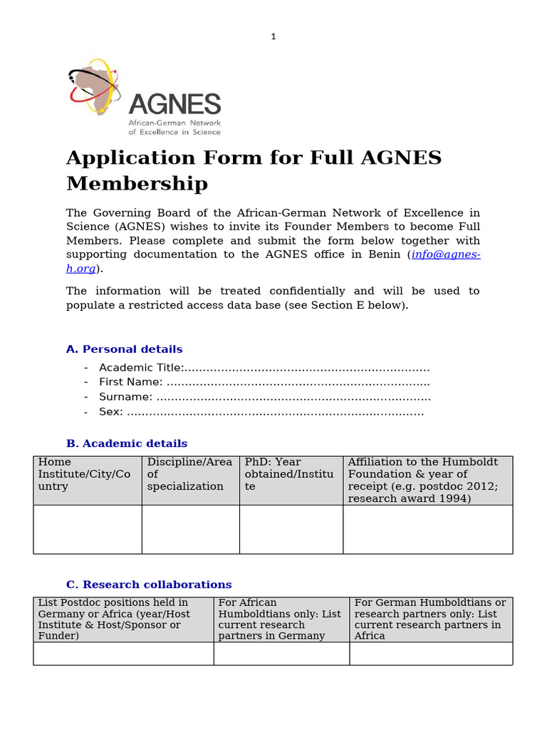 AGNES Full Membership Application Form | PDF