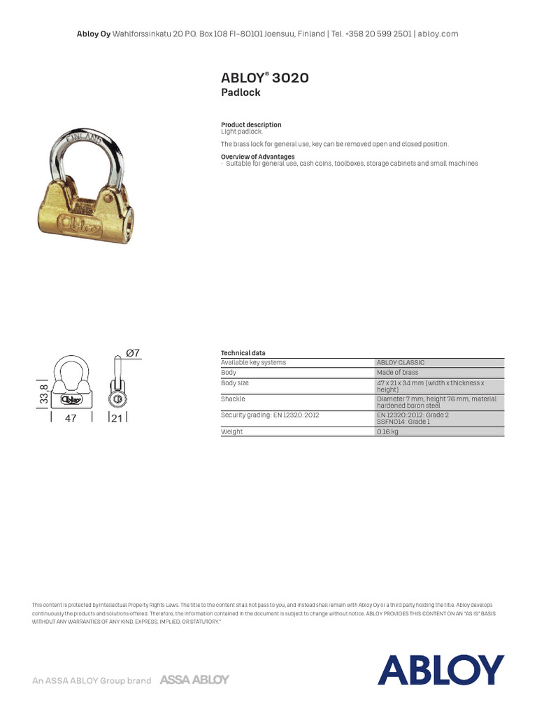 ABLOY 3020C Data Sheet 1 | PDF