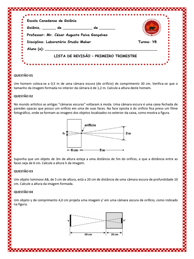 Lista de Revisão - Tri I - Y8 | PDF