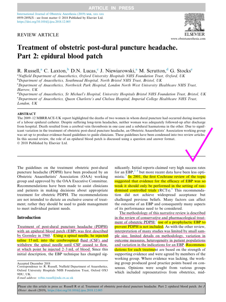 Russell R, Treament of Obstetric Post Dural Puncture Headache Part 2 ...