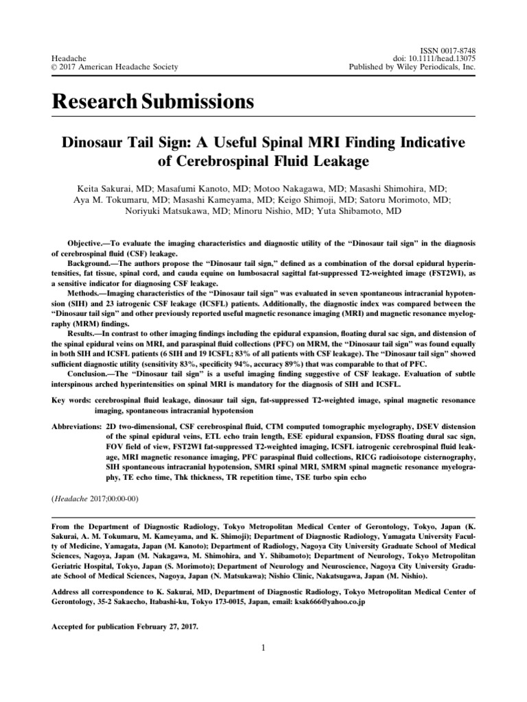 Sakurai K, Dinosaur Tail Sign, A Useful Sponal MRI Finding For CSF ...