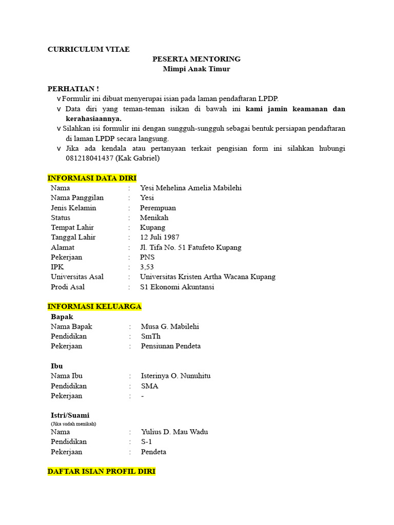 CV Peserta Mentoring LPDP by Mat | PDF