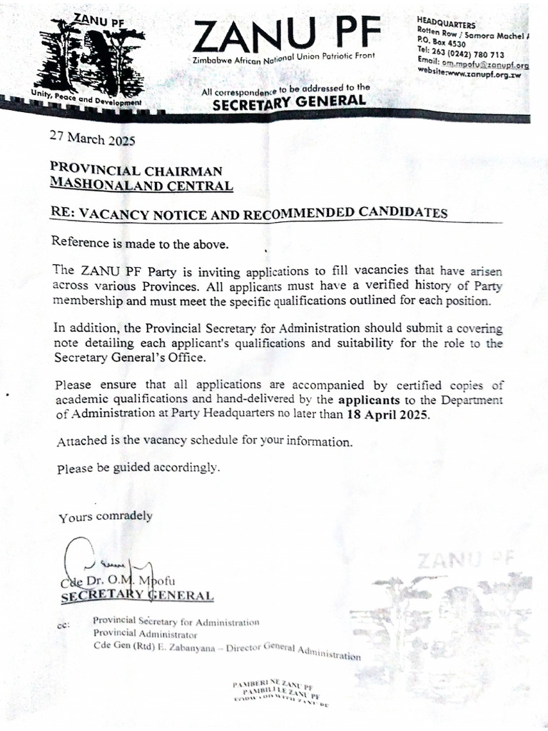 Zanu PF - Vacancies | PDF
