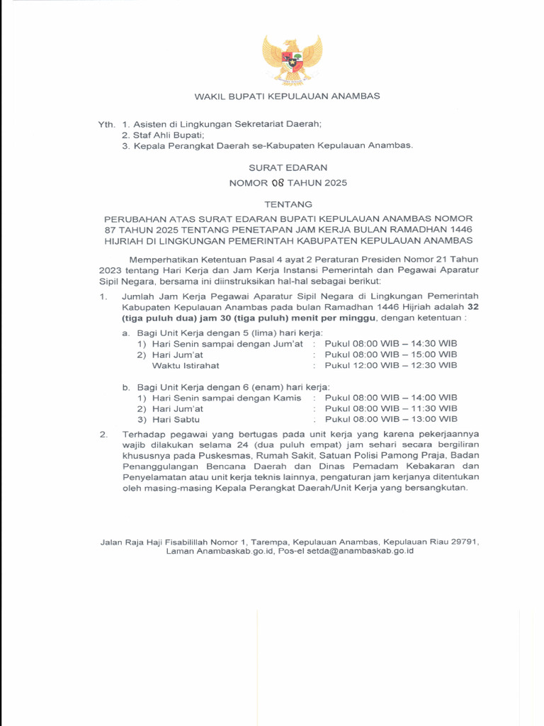 Se Perubahan Atas Surat Edaran Bupati Kepulauan Anambas Nomor 87 Tahun 2025 Tentang Penetapan ...