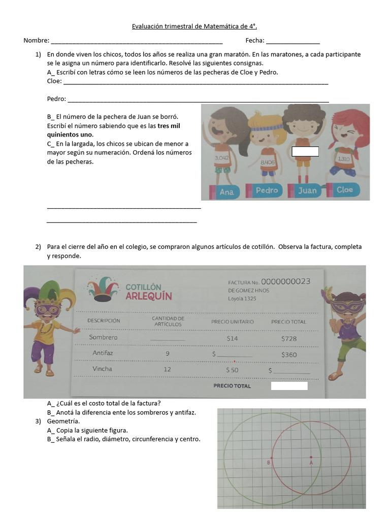 Evaluación trimestral de Matemática de 4.docx | PDF