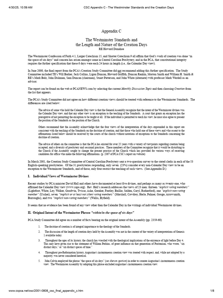 CSC Appendix C - The Westminster Standards and The Creation Days | PDF | Genesis Creation ...