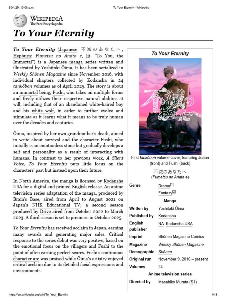 To Your Eternity - Wikipedia | PDF | Anime And Manga