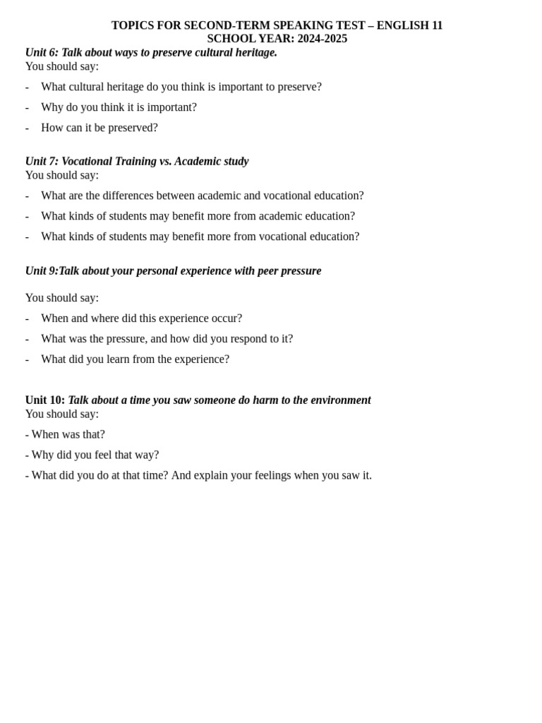 Topics For Speaking Test | PDF