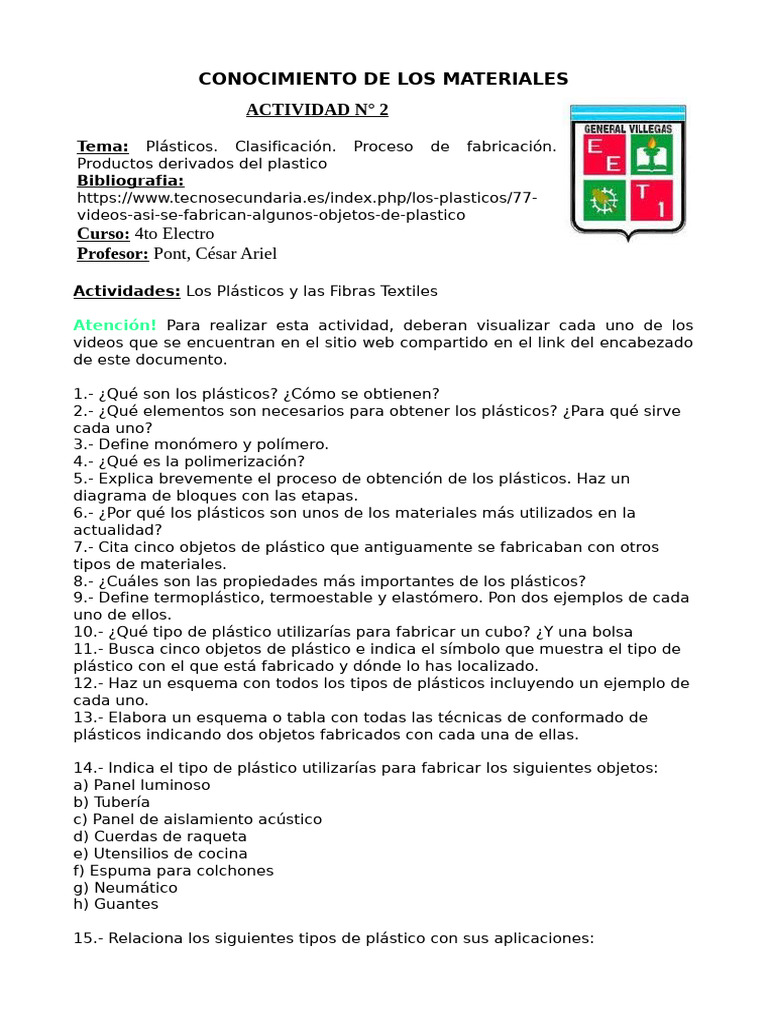 Actividad Plásticos Nro. 2 | PDF | El plastico | Textiles