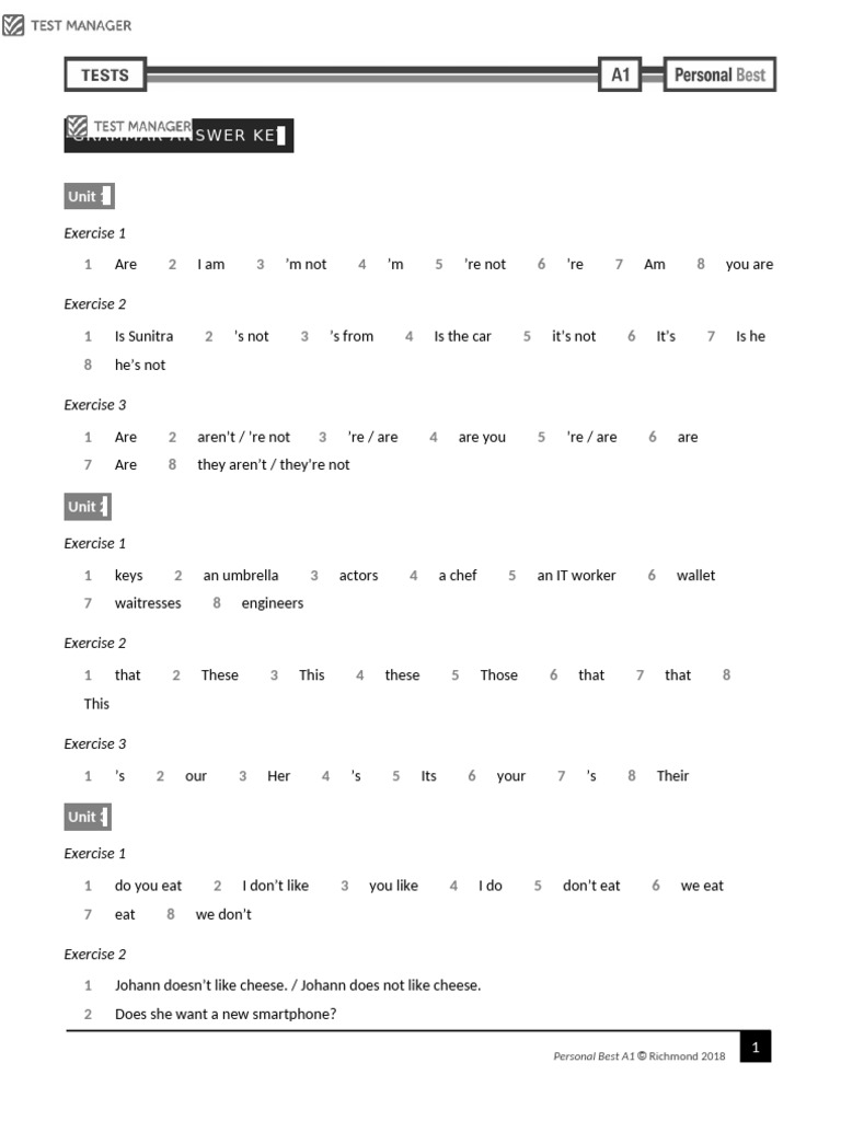 Personal Best A1 Grammar Tests Answer Key | PDF