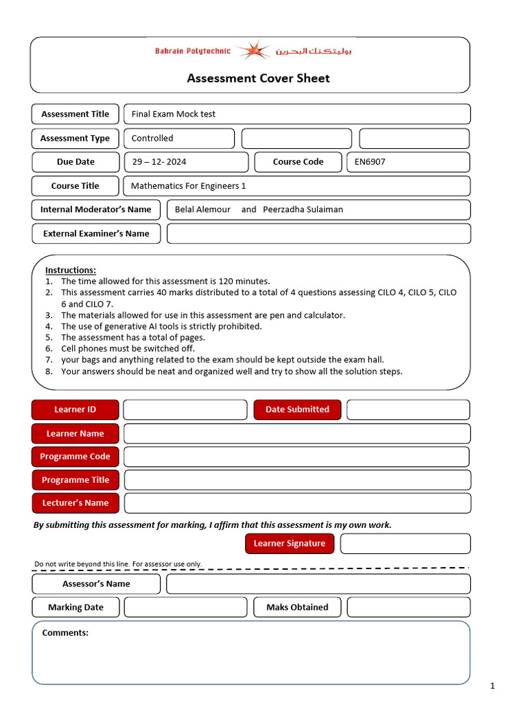 Final Exam Mock Test for Engineers | PDF | Acceleration | Integral