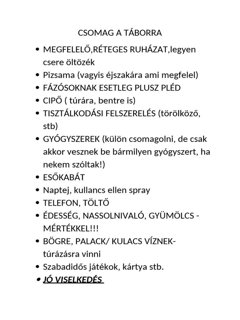 Csomag A Táborra | PDF