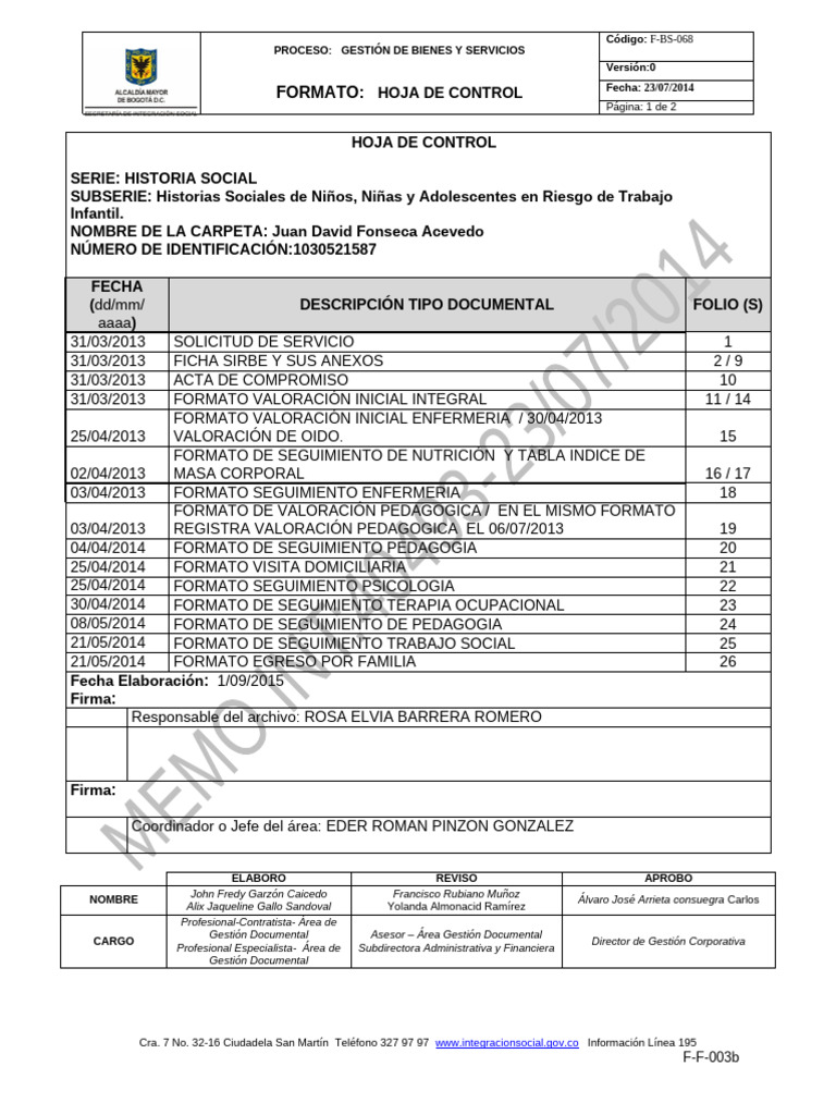 Ejemplo Formato Hoja Control Centro Amar | PDF