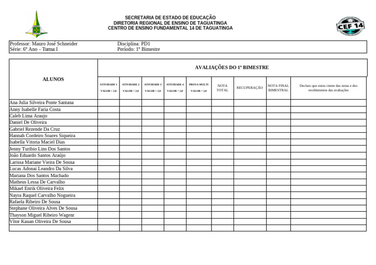 Mapão de Notas 6º I - PD1 | PDF