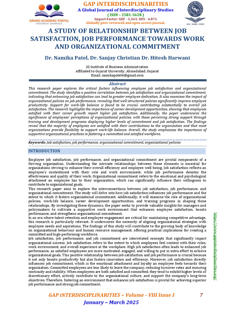 (7-19) a Study of Relationship Between Job Satisfaction, Job ...