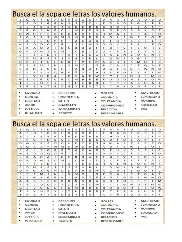 Sopa de Letra de Los Valores | PDF