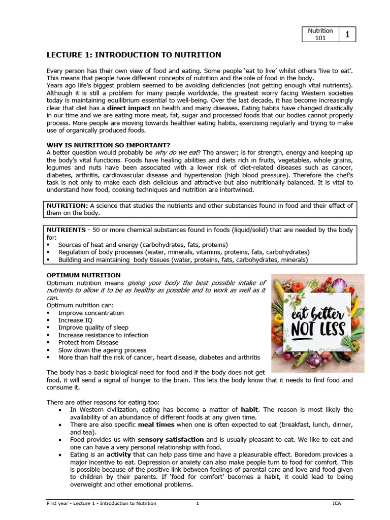 NUT-101-Lecture-1-Introduction-to-Nutrition | PDF | Digestion | Calorie