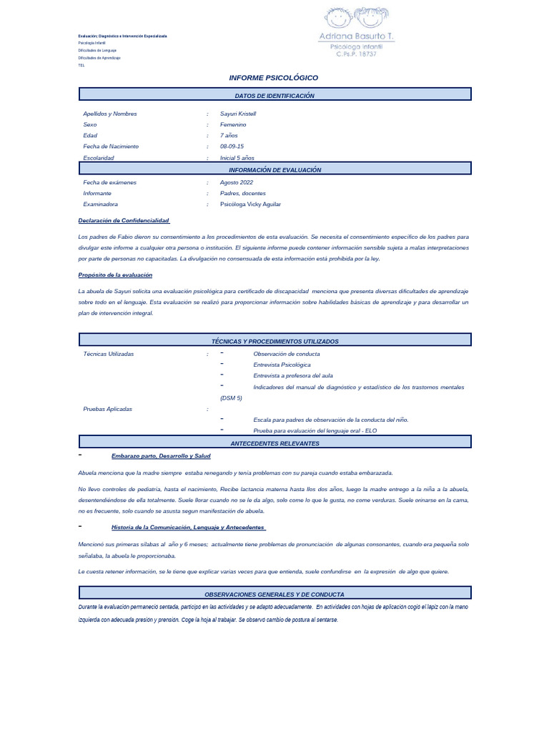 INFORME PSICOLÓGICO Sayuri | PDF | Palabra | Léxico
