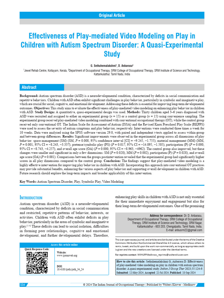 Effectiveness of Play-mediated Video Modeling on Play in Children with ...