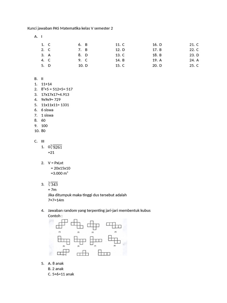 Kunci Jawaban PAS Matematika Kelas V Semester 2 | PDF