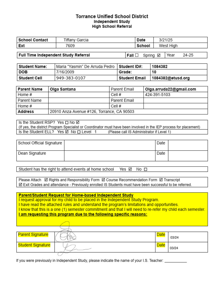 Torrance High School Independent Study Form | PDF | Individualized ...