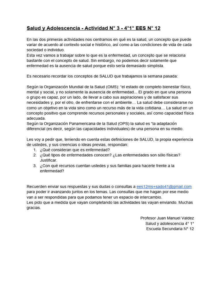 Salud y Adolescencia - Actividad #3 - 4°1° EES N°12 | PDF