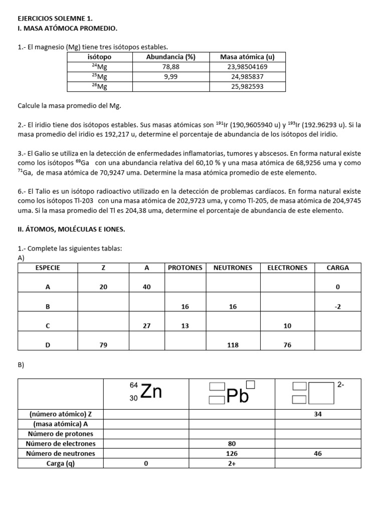 Quim+001 Ejercicios+solemne+1 | PDF | Isótopo | Átomos