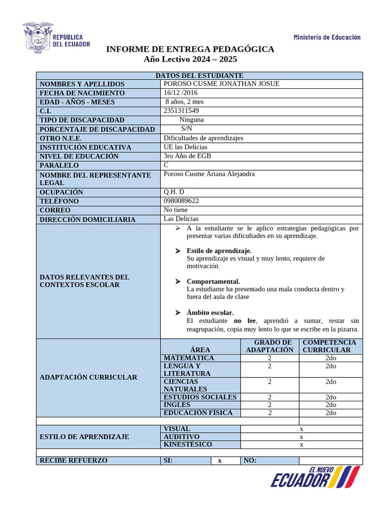 Informe Entrega Pedagógico DECE | PDF | Aprendizaje | Maestros