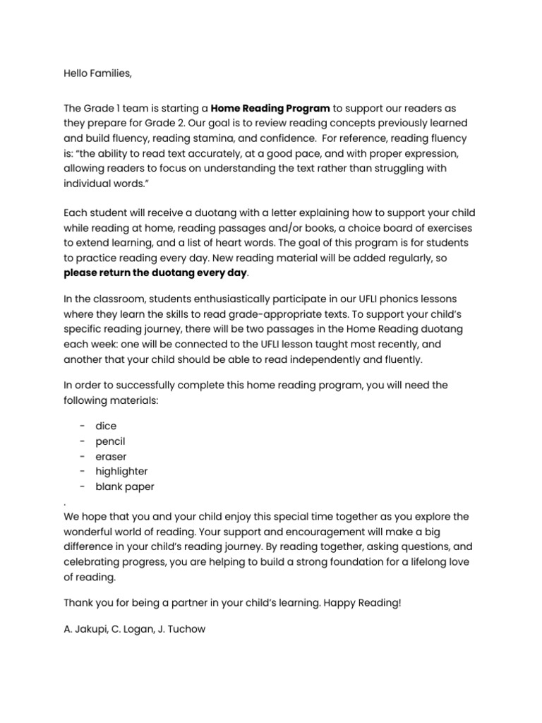 Home Reading Program Parent Letter | PDF