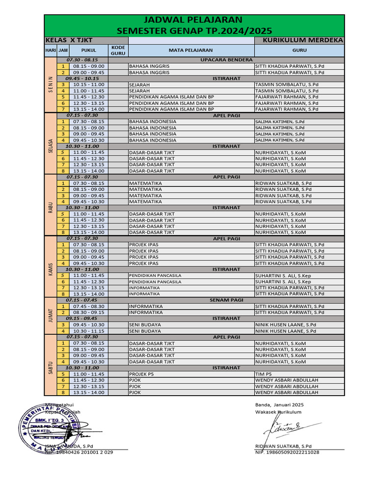 Jadwal Kelas X TKJ Semester Genap 2024 - 025 | PDF