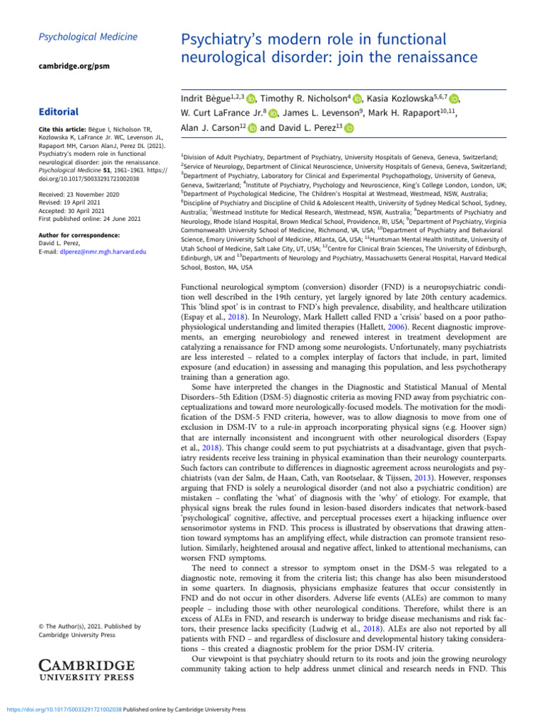 Psychiatry's Role in Functional Neurology | PDF | Psychiatry | Mental ...