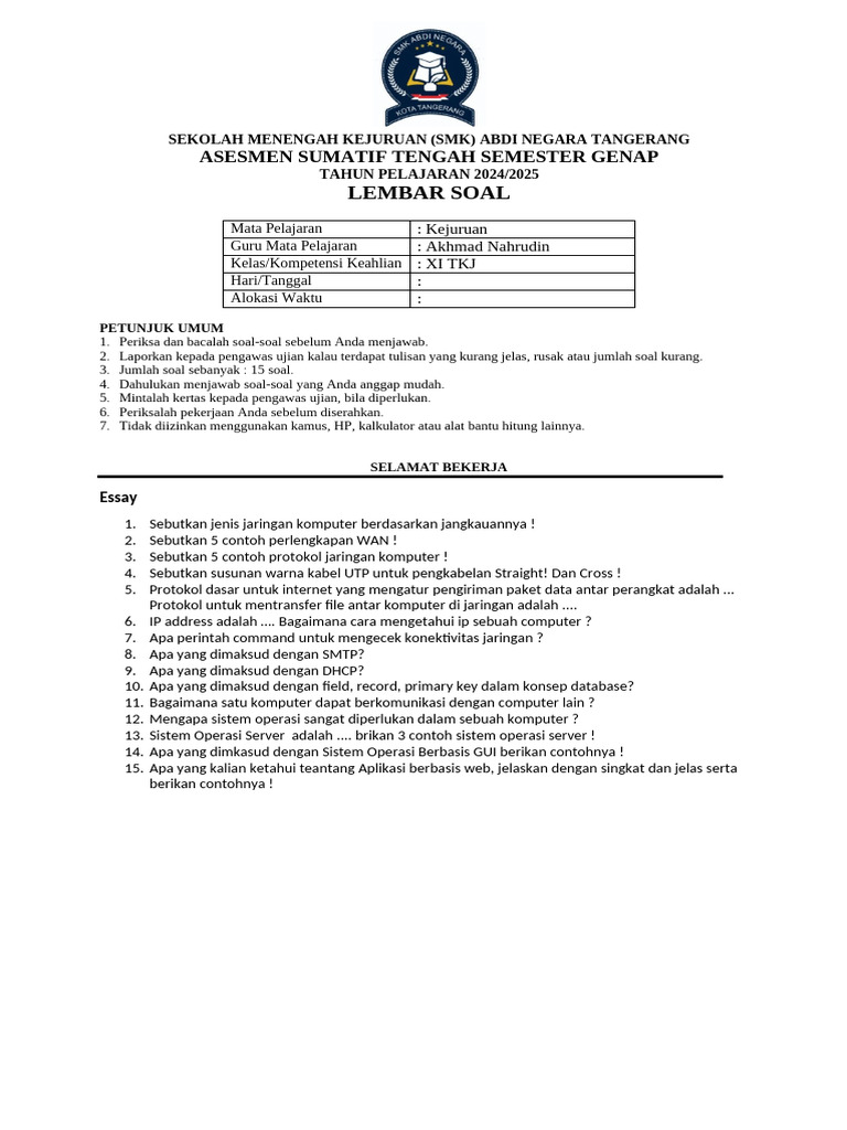 Soal TKJ - Kelas 11 TKJ - 2025 | PDF