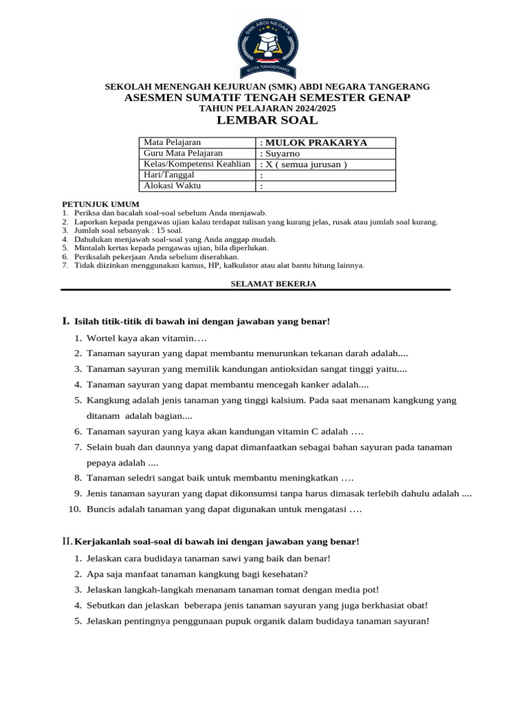 Soal Asts Genap Prakarya - Kelas 10 (Semua Jurusan) - 2025 | PDF