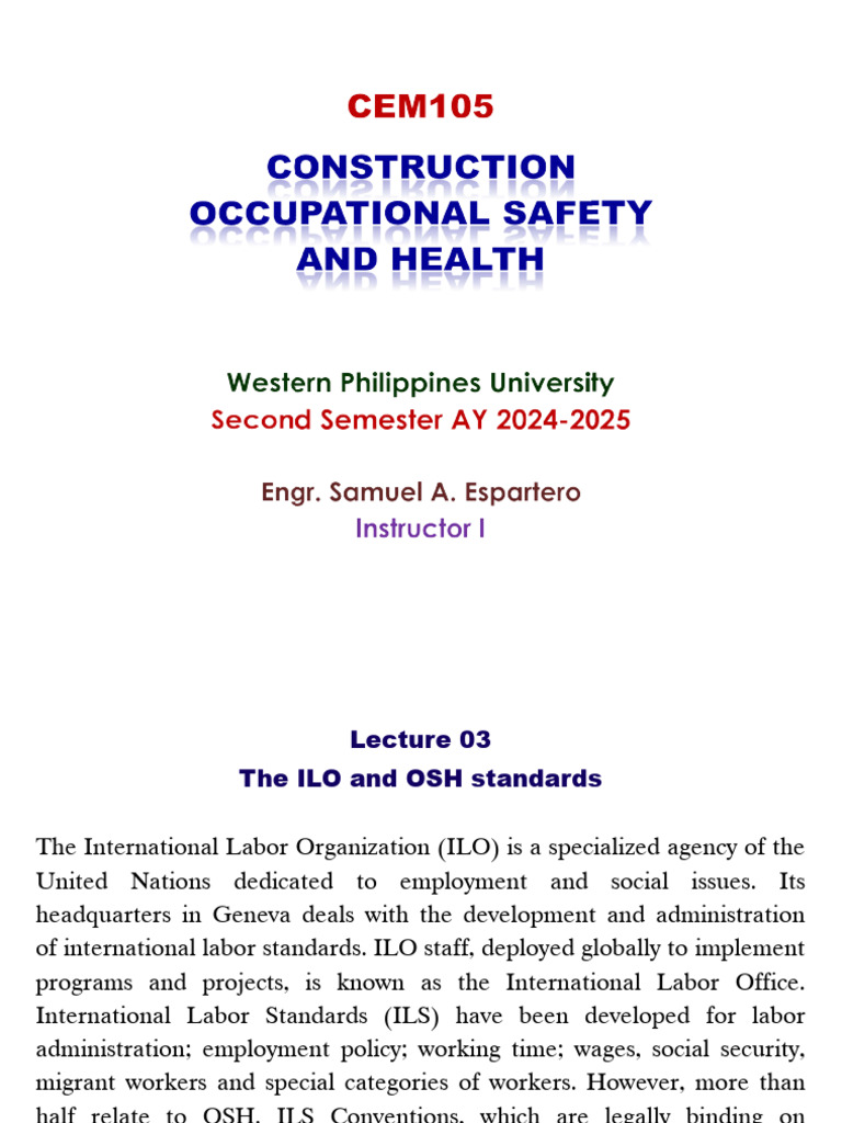 CEM105 Lecture 03 IOSH Standards by ILO 1 | PDF | Occupational Safety And Health | International ...