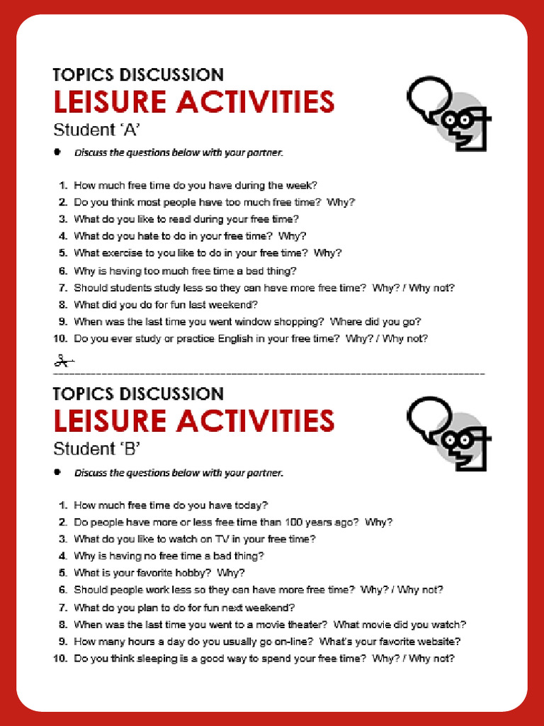 Leisure Activities - discussion.pdf - atividade de inglês | PDF